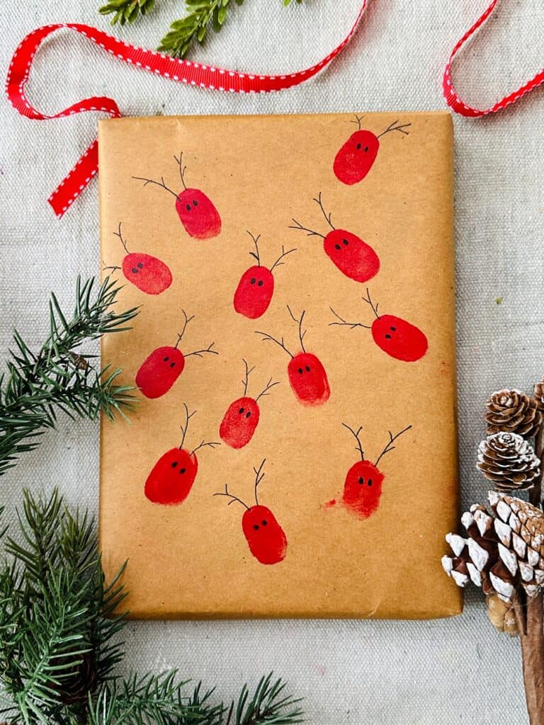 DIY Rudolph Fingerprint Christmas Gift Wrap