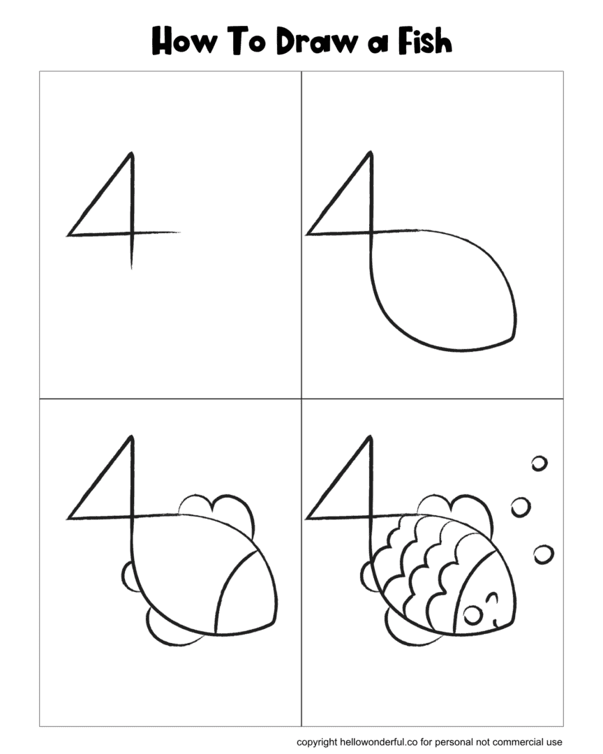 Learn how to turn the number 4 into a cute fish with this easy drawing ...